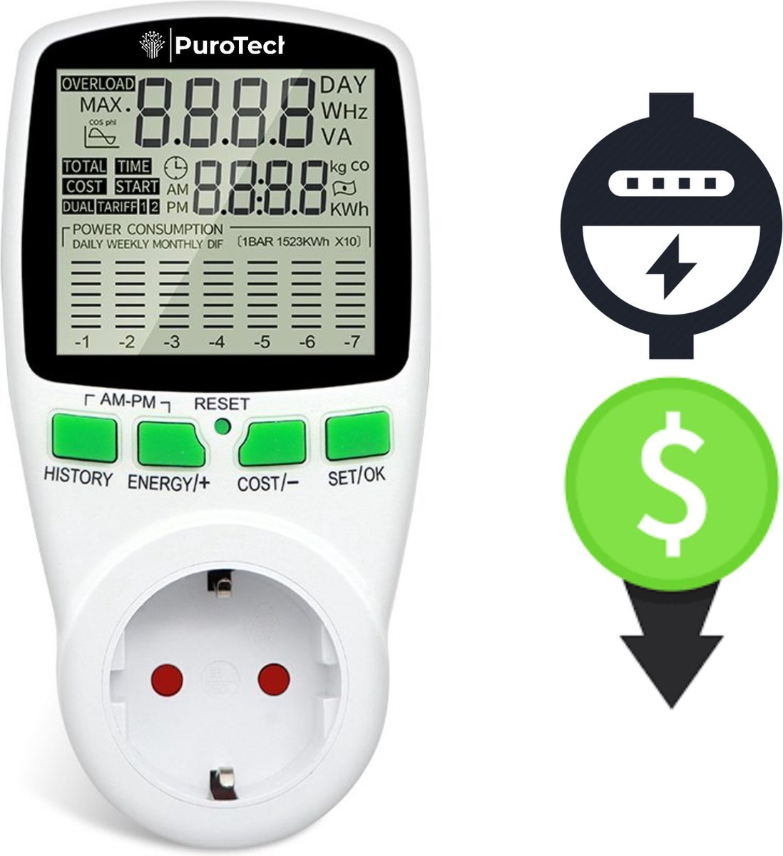 PuroTech Energiemeter met LED - Verbruiksmeter - Energiekostenmeter ...