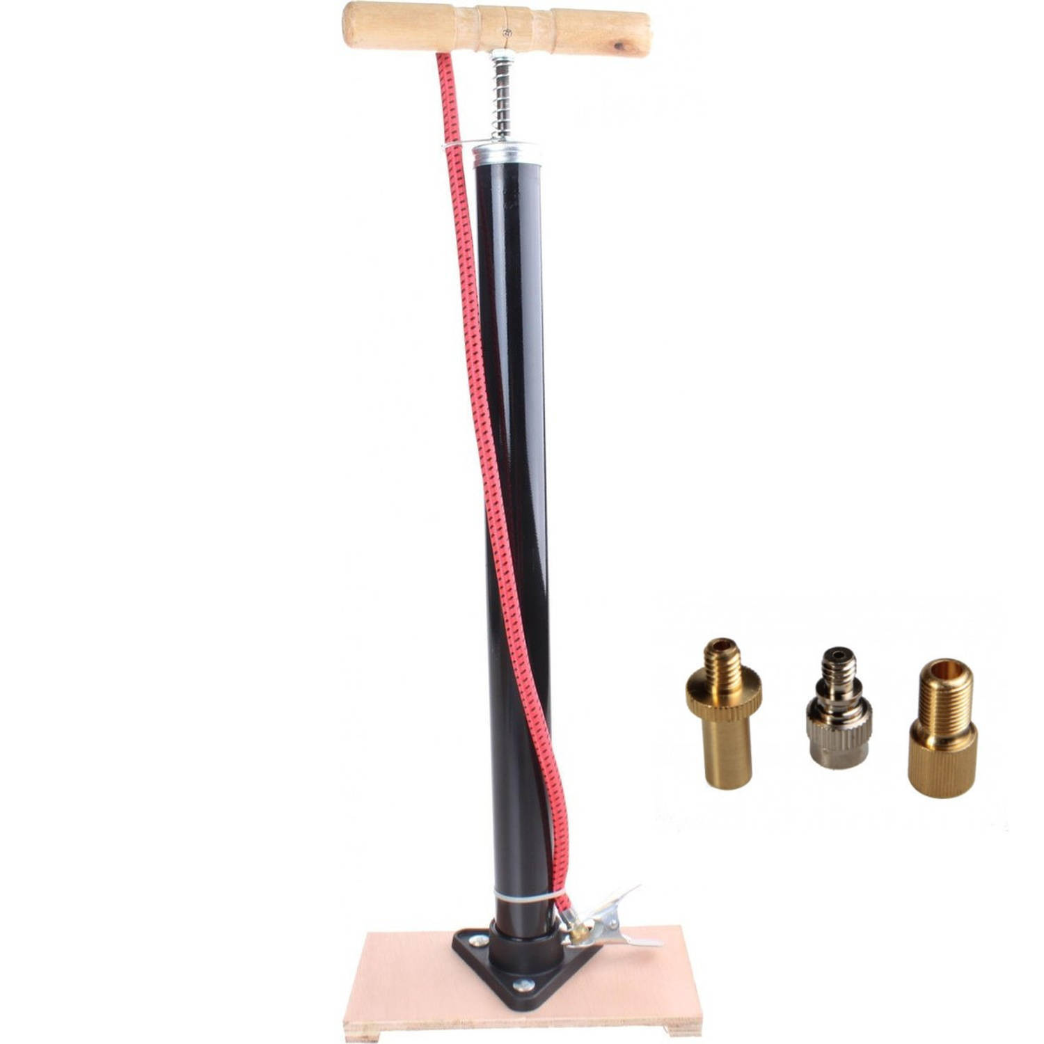 Bicycle gear Zwarte fietspomp staand met houten handvat inclusief 3-delige nippelset ...