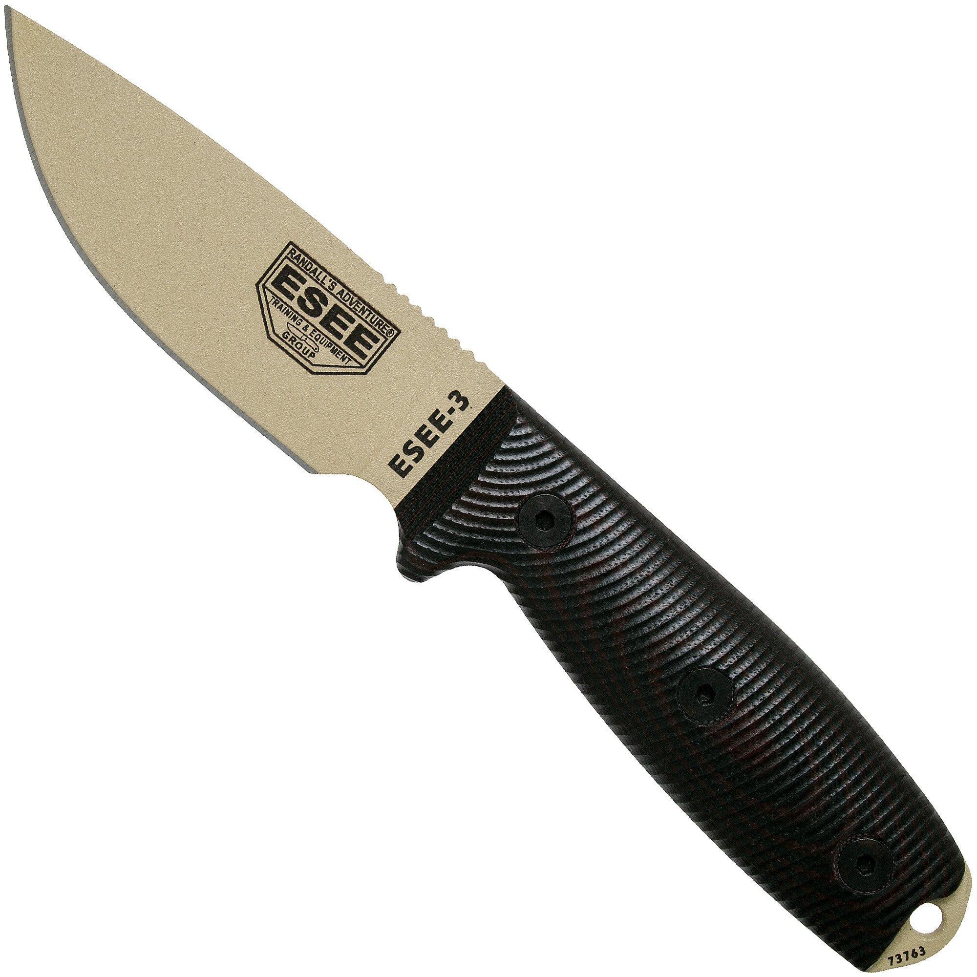 ESEE Model 3 Desert Tan Blade 3D Blood-Black G10 survivalmes 3PMDT-004 zwarte schede + riemclip ...