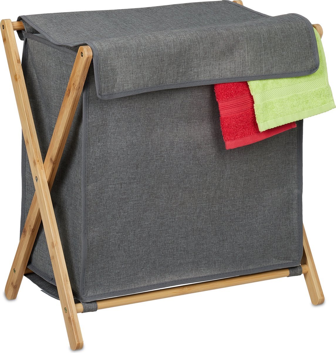 Relaxdays wasmand inklapbaar - met deksel - 60 liter - bamboe - stof ...