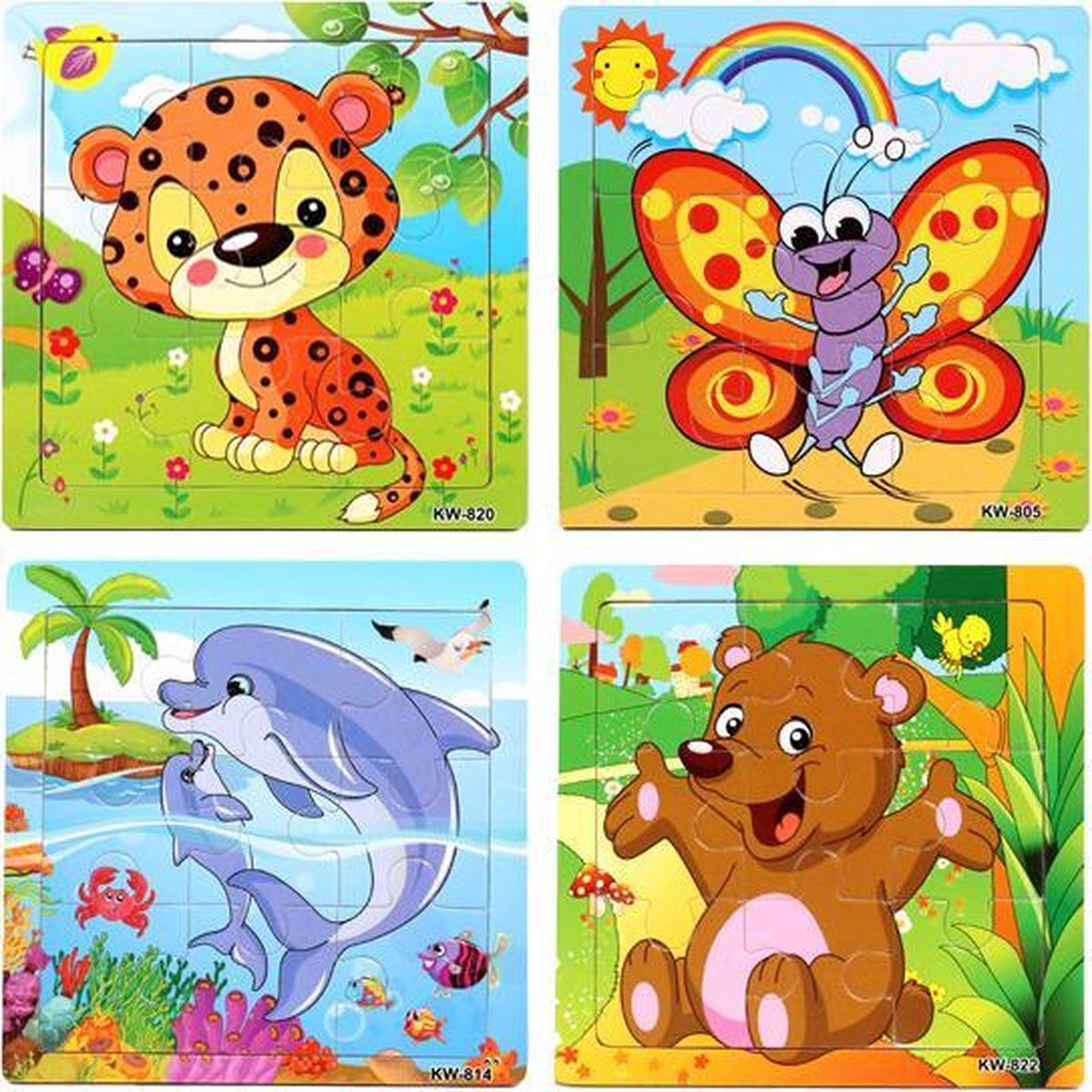 Aslan® 4 Houten Puzzels van 9 stukjes | Legpuzzels | Dieren: Tijger ...